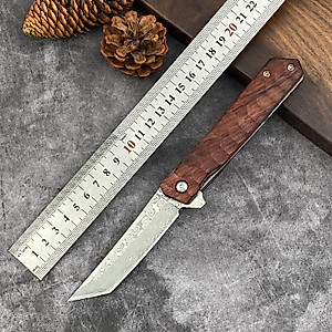 allvin R8406 Damascus Flipper Knife VG10 Damascus Steel Tanto Point Blade Rosewood with Steel Sheet Handle Outdoor Fishing EDC Pocket Knives