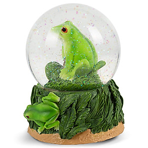 Elanze Designs Playful Green Tree Frog Tabletop Figurine Forest Hopping Log Leaves 100MM Sturdy Glitter Water Wind Up Musical Snow Globe Plays Tune Beautiful Dreamer