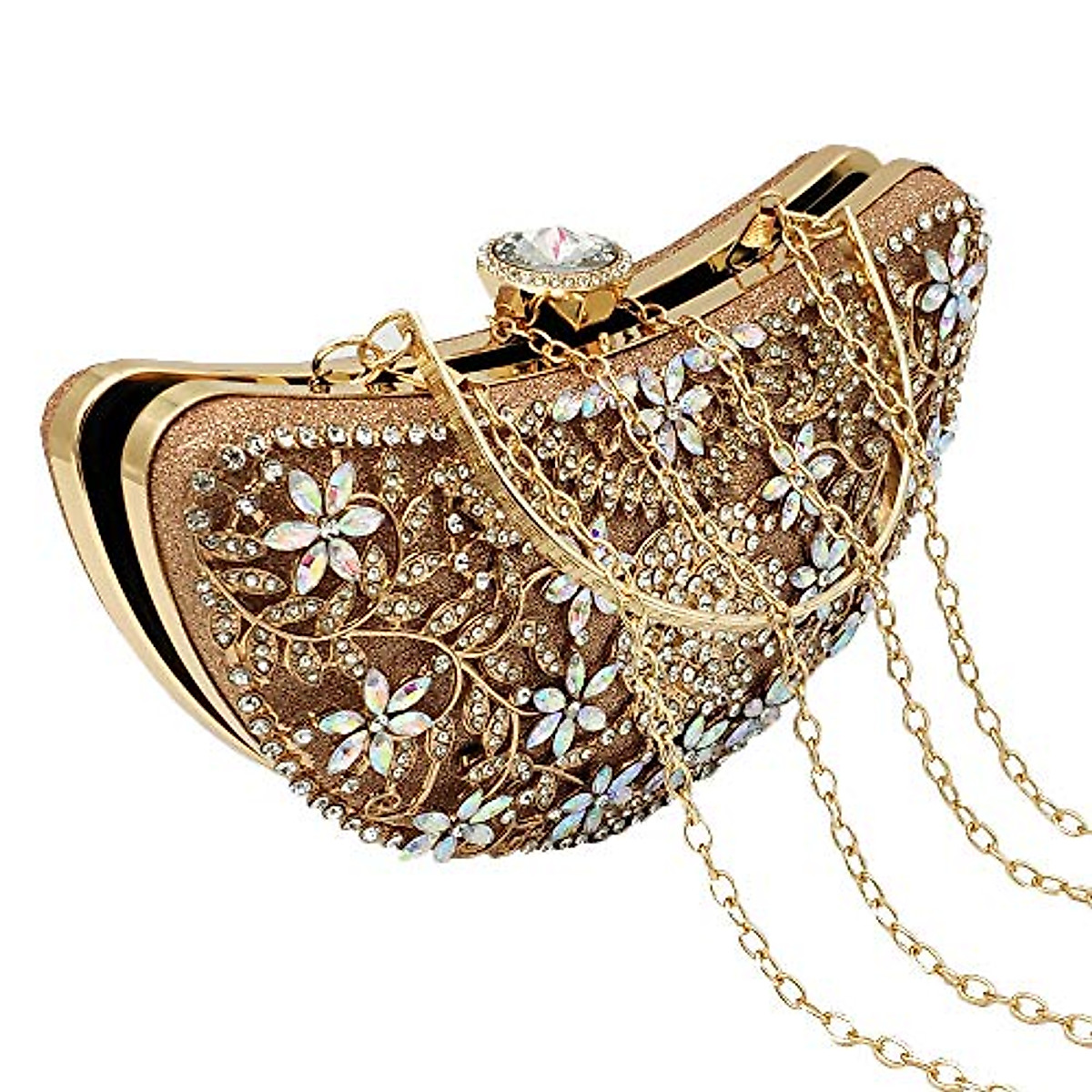 Boutique De FGG Half Moon Women Flower Evening Bags Bridal Crystal Clutch Purse Party Dinner Rhinestone Handbags (Gold)