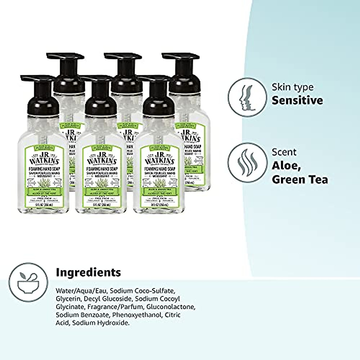 J.R. Watkins Foaming Hand Soap Pump with Dispenser, Moisturizing All Natural Hand Soap Foam, Alcohol-Free, Cruelty-Free, USA Made, Use as Kitchen or Bathroom Soap, Aloe & Green Tea, 9 fl oz, 6 Pack