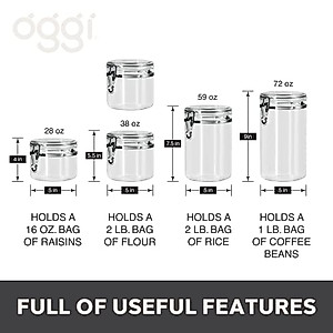 Oggi 5pc Clear Canister Set with Clamp Lids Airtight Containers in Sizes Ideal for Kitchen & Pantry Storage of Bulk, Dry Foods Including Flour, Sugar, Coffee, Rice, Tea, Spices & Herbs
