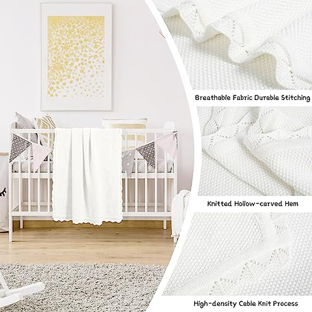 TRENDSTITCH 100% Cotton Baby Blanket Knit Lace Soft Warm Toddler Blanket,30 x 40 Inches，White