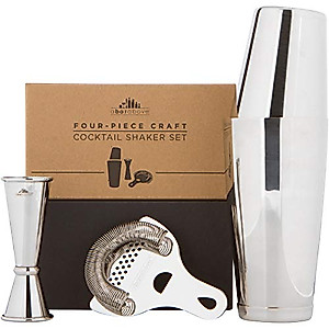 A Bar Above Boston Cocktail Shaker Set – 4-Piece Stainless Steel Bartender Kit for Business or Home Bar – Includes Hawthorne Strainer & Japanese Jigger – Professional Bar Accessories