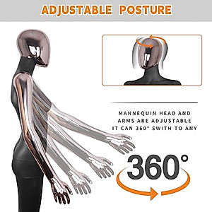 Female Mannequin Black Dress Form Full Body Manikin Body 70 Inches Adjustable Maniquins Dress Model Plastic Detachable Manequins Stand Metal Base Metal Connector, Rose Gold Head and Hands