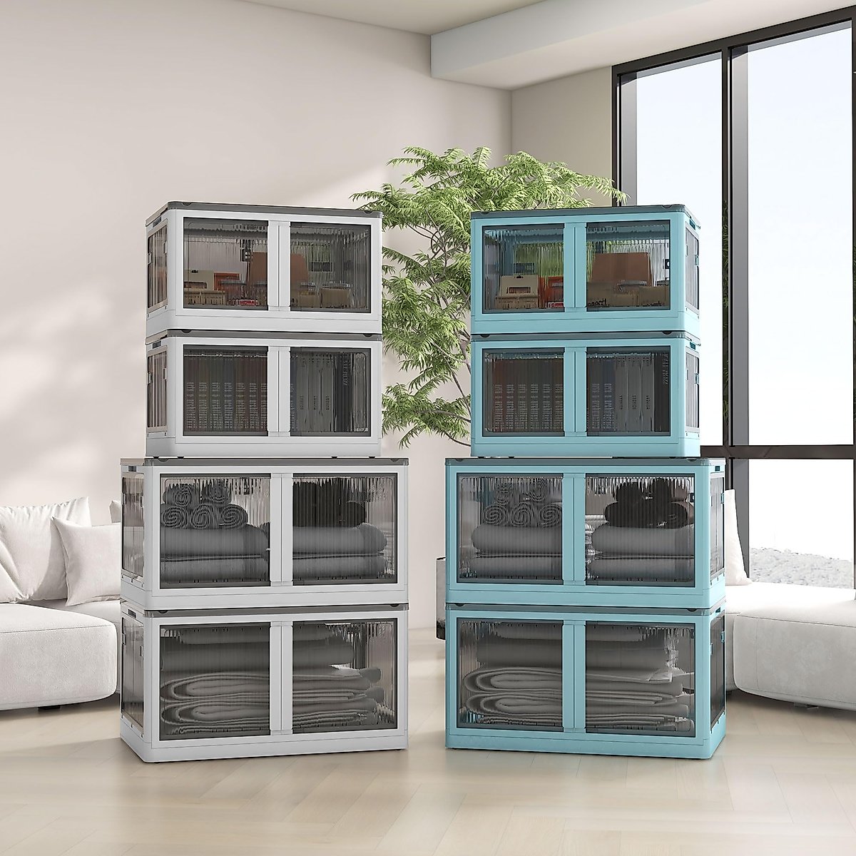 HOMCOM 18 Gal Stackable Storage Bins with Lids, 3 Packs Collapsible Closet Organizers and Storage, Plastic Drawer Storage Container on Wheels with 5-Sided Access, Doors for Blankets, Blue