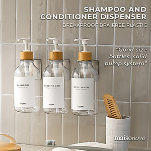 MaisoNovo Shampoo and Conditioner Dispenser - Shower Soap Dispenser Wall Mounted - 16.9 fl oz Set of 3 Clear Plastic Bottles White Bamboo Pump - Shampoo Dispenser, Shower Dispenser 3 Chamber No Drill