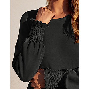 ZESICA Women's Spring Long Sleeve Dress 2025 Crewneck Casual Loose Pleated Tiered Swing Midi Dresses with Pockets,Black,Large