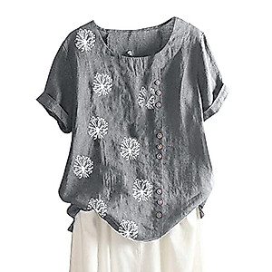 DASAYO Women's Linen Cotton Tops Shirt Floral Printed Round Neck Trendy Shirts Blouse Retro Comfy Going Out Summer Clothes