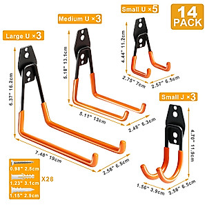 KURUI 14 Pack Garage Hooks for Hanging, Heavy Duty Garage Storage Hooks for Ladder Extension Cord Tool Cable, Wall Mount Large Utility Hooks, Garage Organization Hanger&Organizer