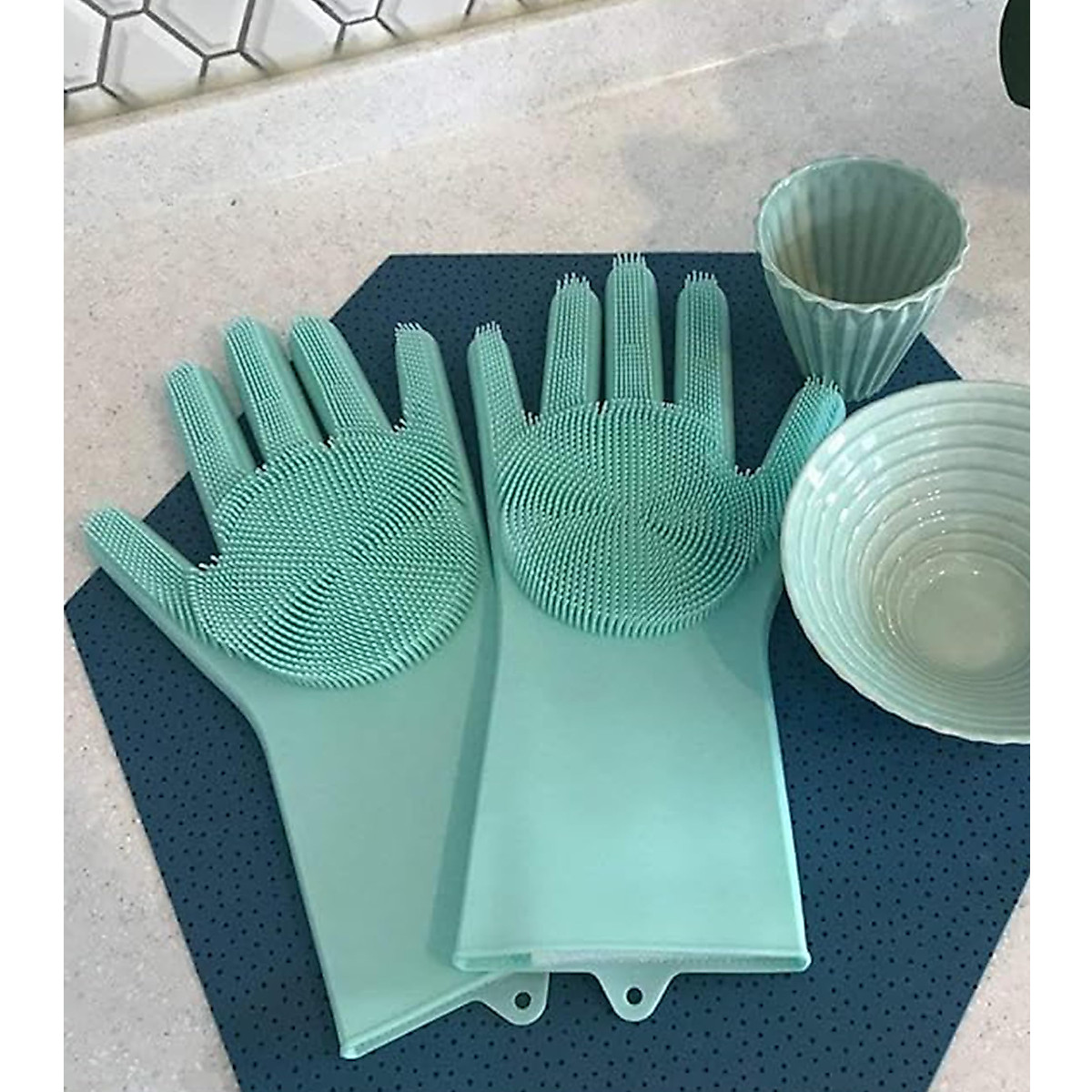 Aconcept 2 pair Dishwashing Cleaning Gloves for Kitchen, Rubber Reusable Scrubber Glove with Marker Pen, Silicone Soft Bristles Gloves for Household Cleaning, Pet Care, Car, Vegetable Washing, Green