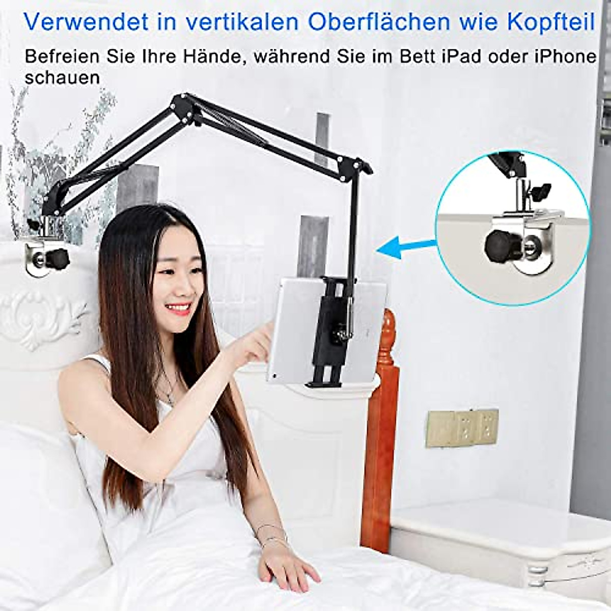 Tablet Stand for Bed, Adjustable and Foldable Tablet Stand Holder with 360 Degree Rotation for iPhone iPad Cellphone Tablet Kindle Fire, or Other 4.7-12.9 inch-Screen Devices (Black)(Extended Arm)
