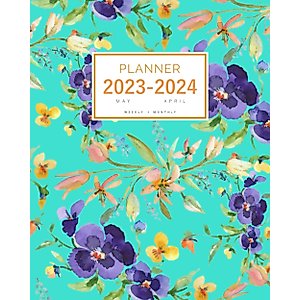 Planner May 2023-2024 April: 8x10 Weekly and Monthly Organizer Large | Watercolor Pretty Wildflower Design Turquoise