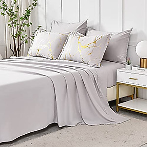 Yogeneg Gold Metallic Marble King Size Comforter Set,7 Piece Bed in a Bag,Foil Print Glitter Grey Comforter and Sheet Set,All Season Soft Microfiber Complete Bedding Sets(Grey,King)