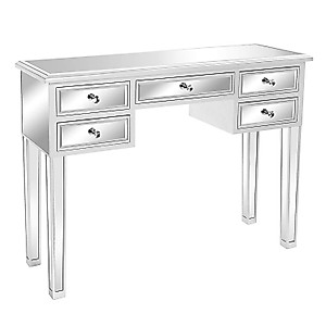 VINGLI Mirrored Vanity Desk with 5 Drawers, Modern Console Table/Sofa Table/Makeup Table (Silver, 41'' x 14'' x 30'')
