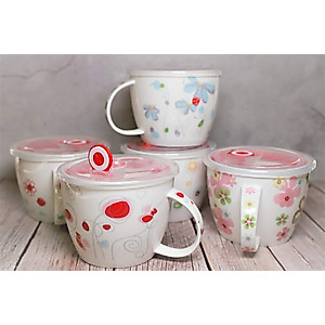 Microwavable Ceramic Noodle Bowl with Handle and Seal Fine Porcelain Floral Design (CherryBlossom)