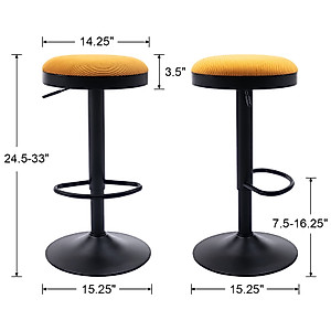 EALSON Modern Swivel Bar Stools Set of 2 Adjustable Counter Height Backless Barstools with Metal Base Fabric Upholstered Round Bar Stool Chairs for Kitchen Island/Pub/Breakfast Bar, Yellow