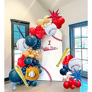 Baseball Theme Balloon Garland Arch Kit 126Pcs navy blue red black white and almond with foil star balloons for Sports rookie year 1st birthday party baseball baby shower supplies decorations