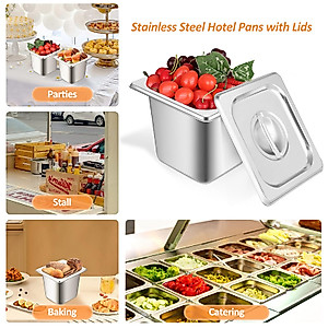 6 Set Hotel Pan 1/6 Size 6 Inch Deep Stainless Steam Table Pans with Lids Stackable Commercial Anti Jam Metal Steam Tray Catering Food Storage Steel Pan for Hotel Restaurant Buffet Party Supplies