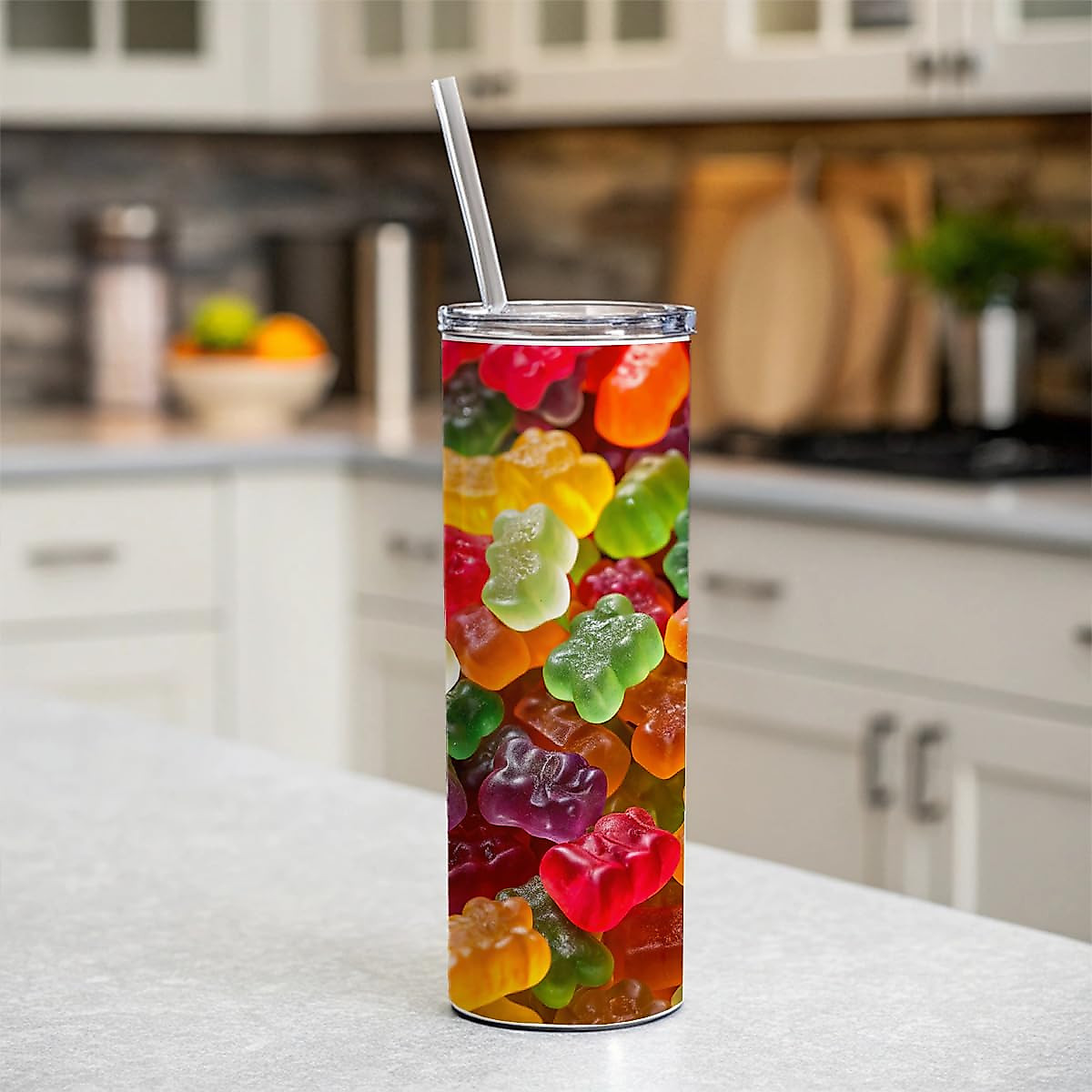 Lots of Gummi Bears Skinny Tumbler 20oz with Straw Insulated Water Bottle Gift