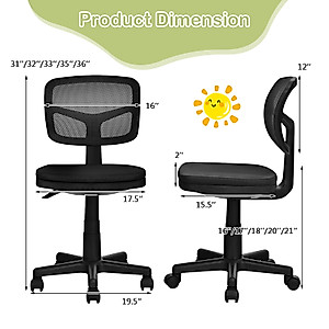 Giantex Kids Desk Chair, Low-Back Mesh Computer Chair Armless Ergonomic Office Chair with Adjustable Height, Y-Shaped Support for Teens Kids, 360° Swivel Task Chair for Home Office School (Black)
