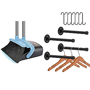Industrial Pipe Clothes Rack for Hanging Clothes Coats Laundry Room Organizer Storage Hanger Shelf Space Saving, Long Handle Broom and Dustpan Set
