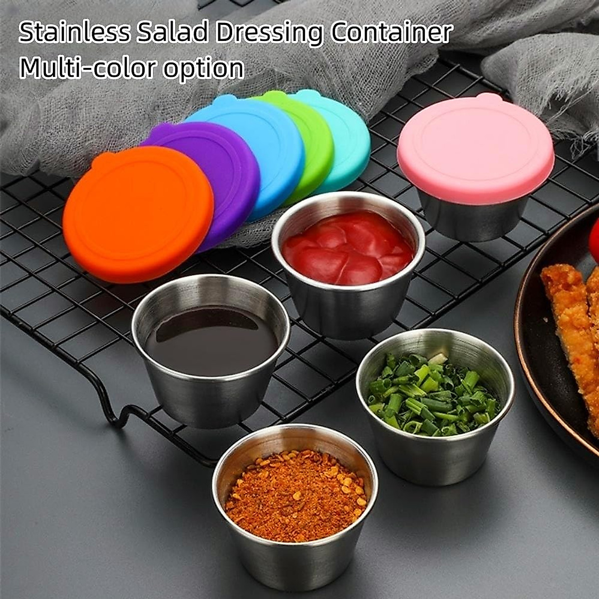 DREAM HORSE 9PCS Salad Dressing Container To Go, Airtight Leakproof Reusable Food Storage, Dipping Sauce Cups Set, Perfect for Snacks, Dips, and Meal Prep, Small Stainless Steel Dipping Sauce Cups