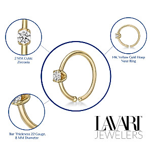 22 Gauge Cubic Zirconia Open Hoop Nose Ring for Women in 14k Yellow Gold 5/16 Inches 2 mm 22G by Lavari Jewelers