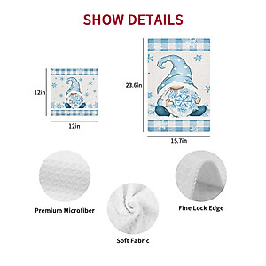 Blue Plaid Gnomes Winter Dish Towels Set, Waffle Weave Kitchen Towels Microfiber Towels Cleaning Christmas Snowflake Rustic Burlap Soft Absorbent Dish Drying Towels Hand Towels 2 Pack 15.7x23.6 In