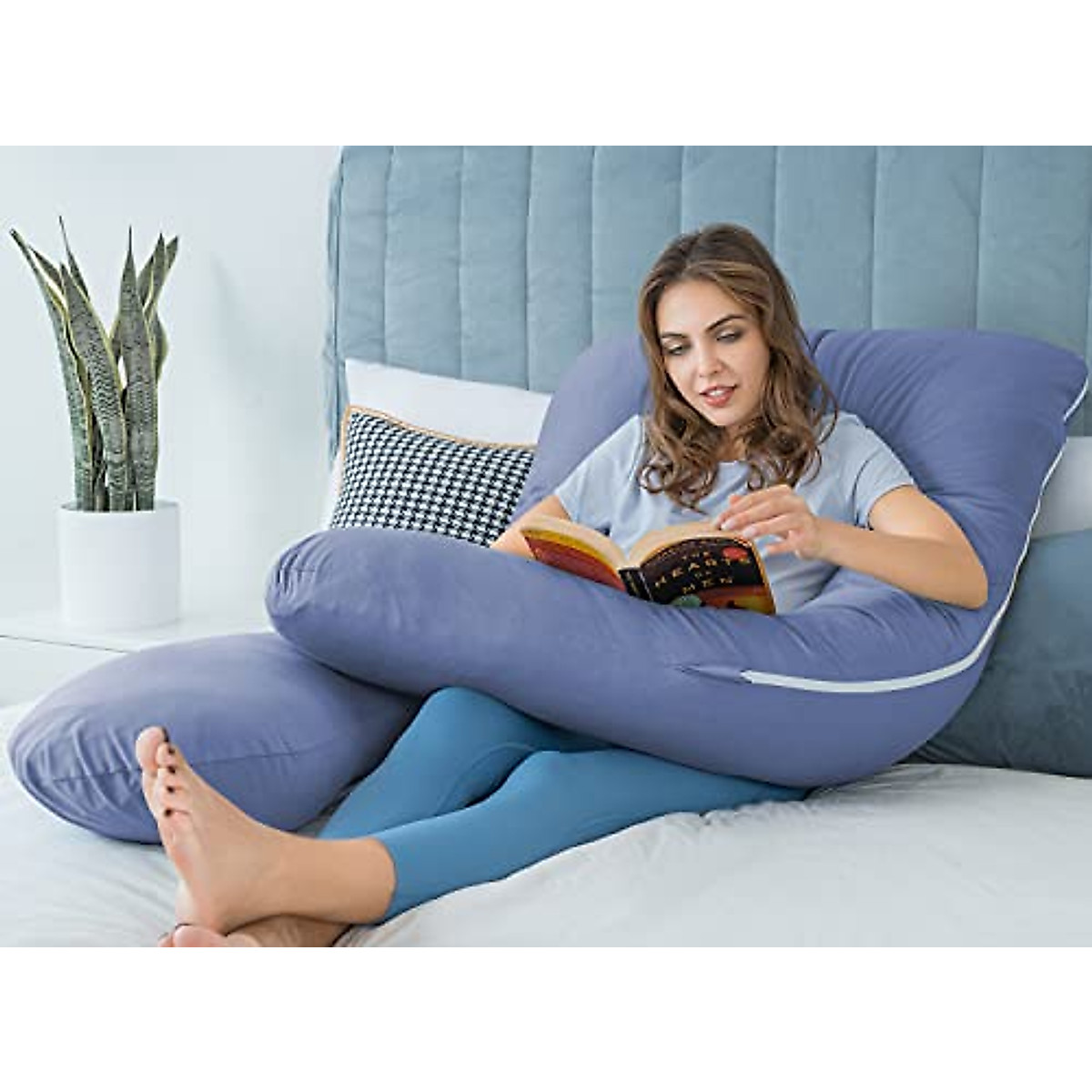 QUEEN ROSE Pregnancy Pillows, Cooling U Shaped Body Pillow for Sleeping, Maternity Pillow for Pregnant Women, Organic Cotton and Back Pain Relief, Blue