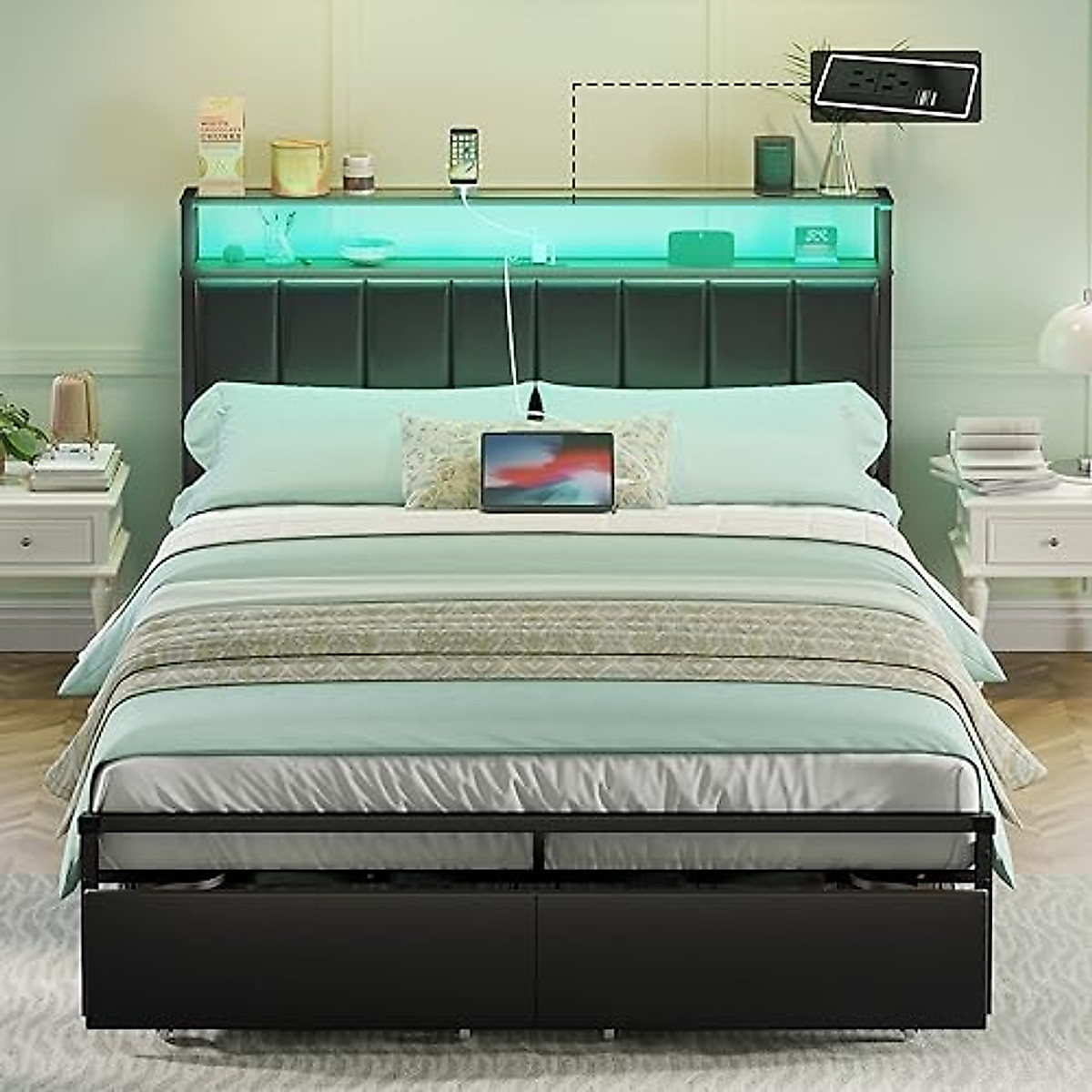 amerlife LED Bed Frame with Drawers, Full Platform Bed Frame with 2-Tier Storage & Leather Upholstered & Charging Station Headboard, No Box Spring Needed, Noise Free, Easy Assembly, Black