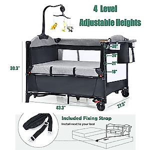 MMBABY 5-in-1 Pack and Play Portable Crib for Baby,Multifunction Bedside Crib from Newborn to Toddlers,U-Shaped Diaper Changer,Playard,Safety Strap,Carry Bag,Hanging Toys (Black)