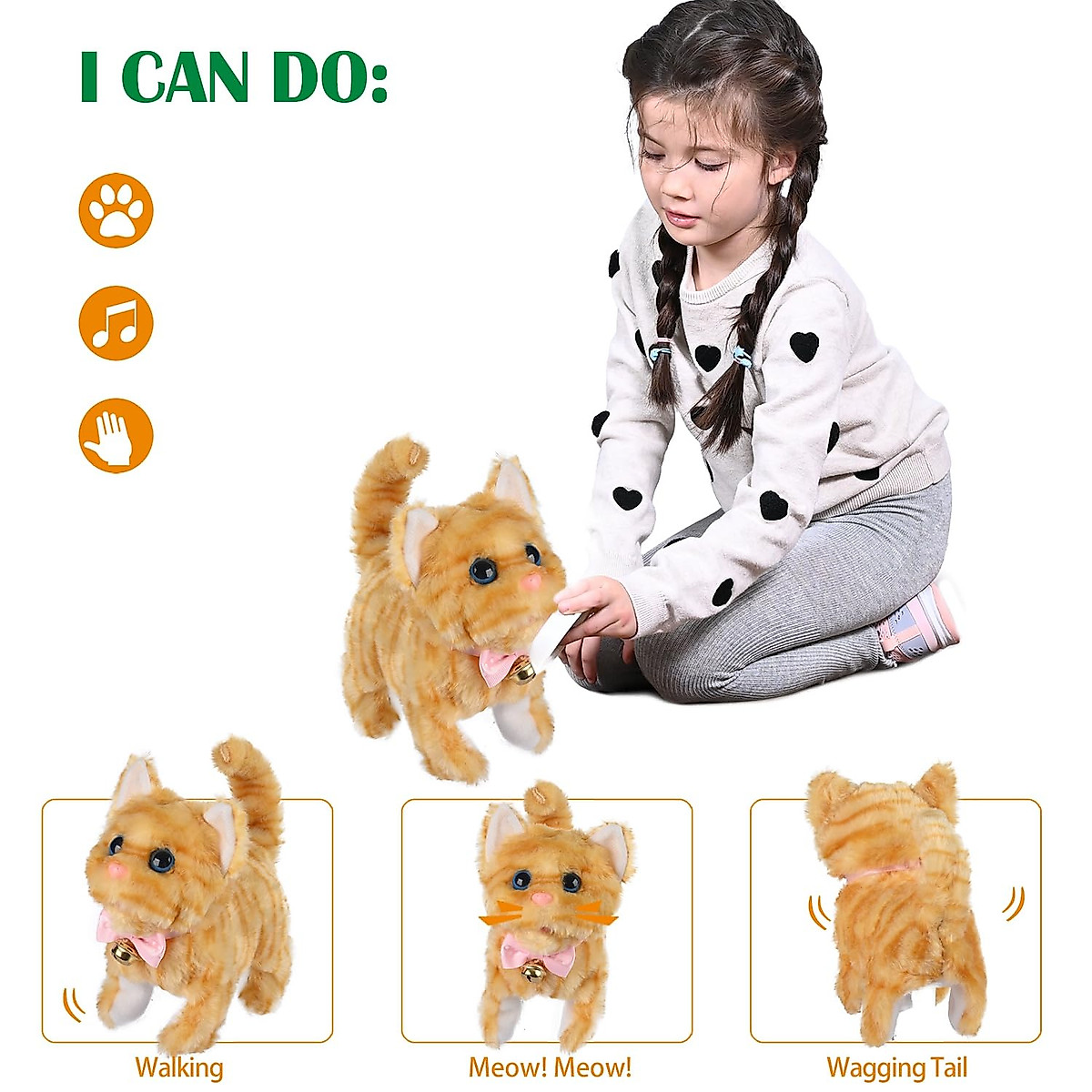 WorWoder Plush Electronic Interactive Cats That Move and Meow Waliking Lifelike Interactive Toy pet Stuffed Kitten for Girls Kids (Yellow Stripes)