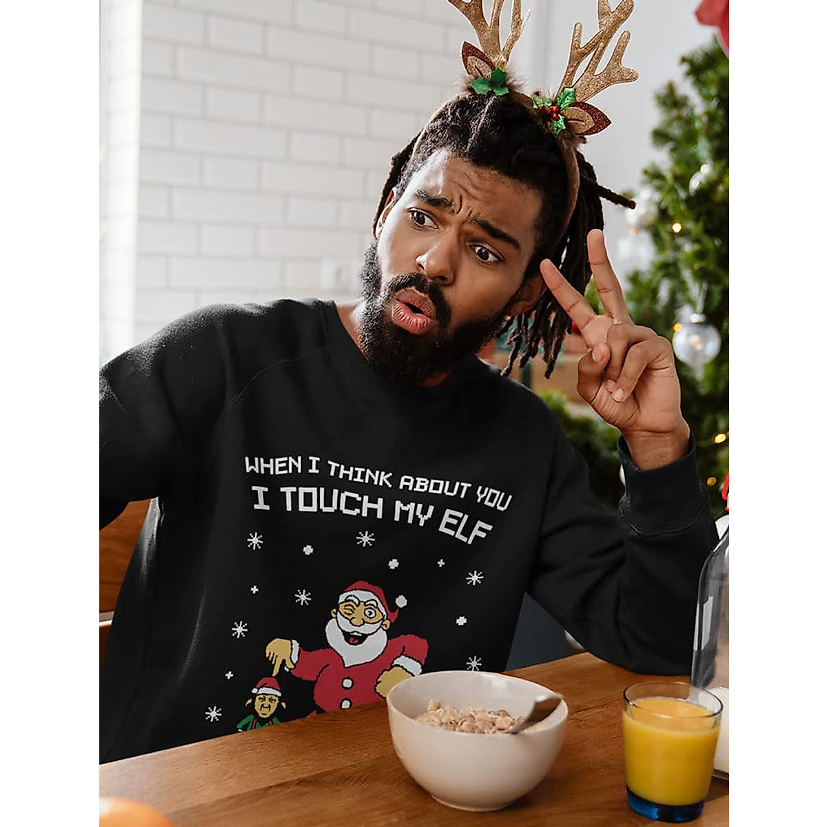 When I Think About You I Touch My Elf Funny Ugly Christmas Sweatshirt for Men Medium Black
