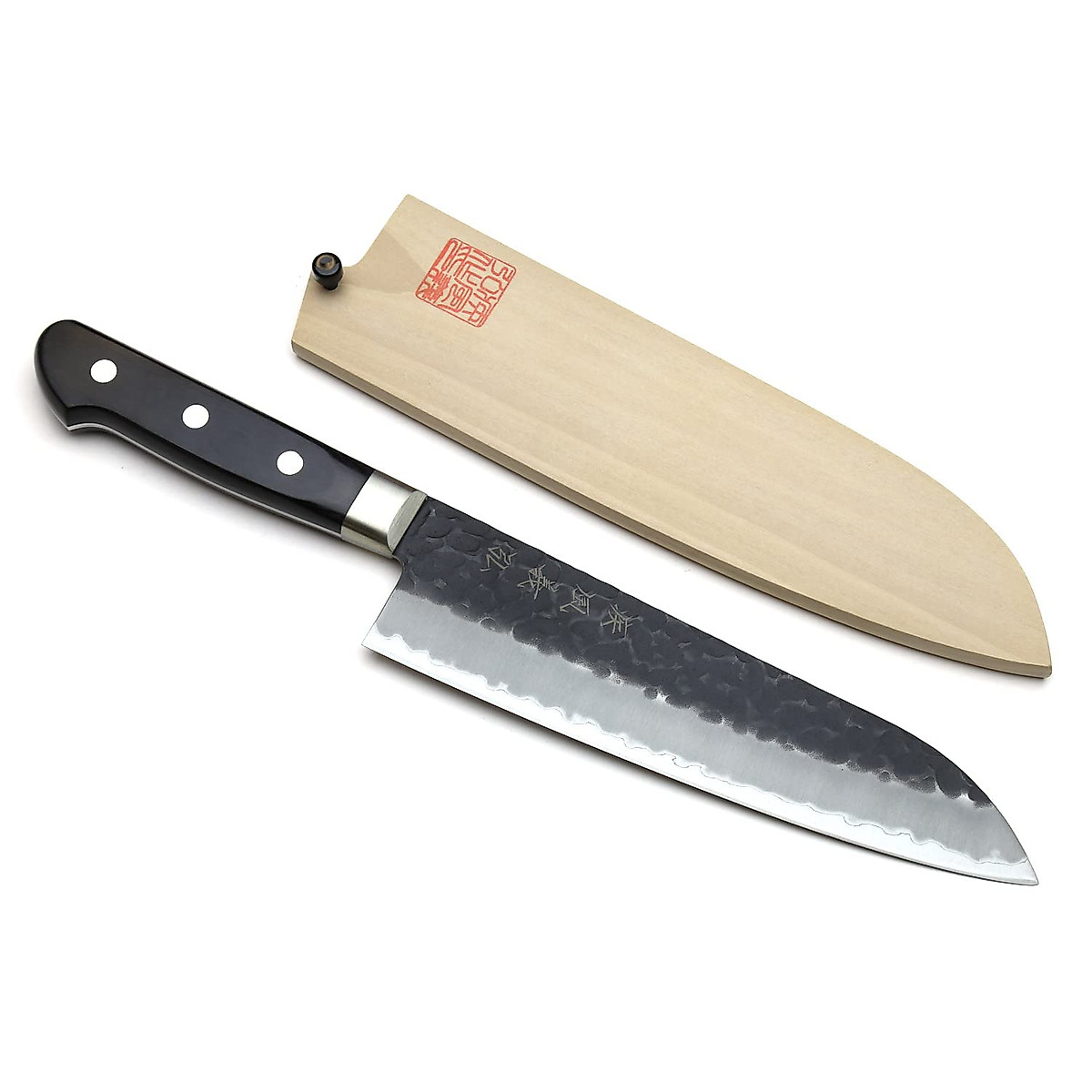 Yoshihiro Kurouchi Super Blue Steel Stainless Clad Santoku Multipurpose Chef Knife (7" (180mm) & Saya, Black Pakkawood Handle)