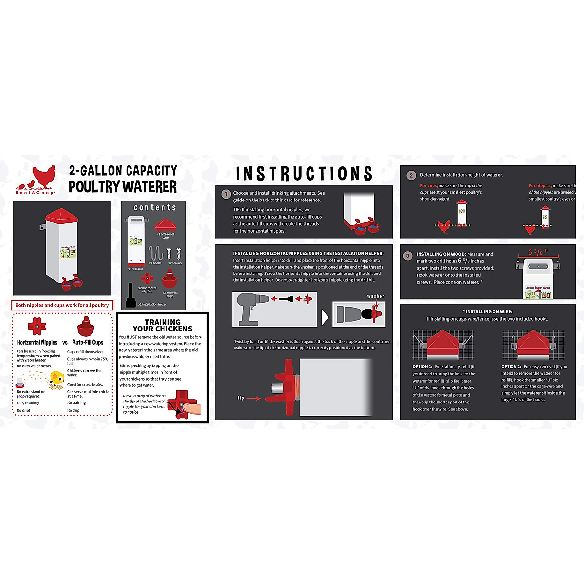 RentACoop 2 Gallon Chicken Waterer with Auto-Fill Cups, Horizontal Nipples, Anti-Roost Cone and Mounting Kit - Suitable for Chickens, Quail, Ducks, Geese, Turkey and More