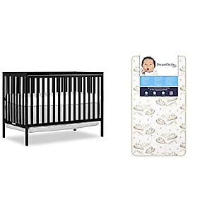 Dream On Me Synergy 5-in-1 Convertible Crib in Black & 2-in-1 Breathable Twilight 5" Spring Coil Crib and Toddler Bed Mattress