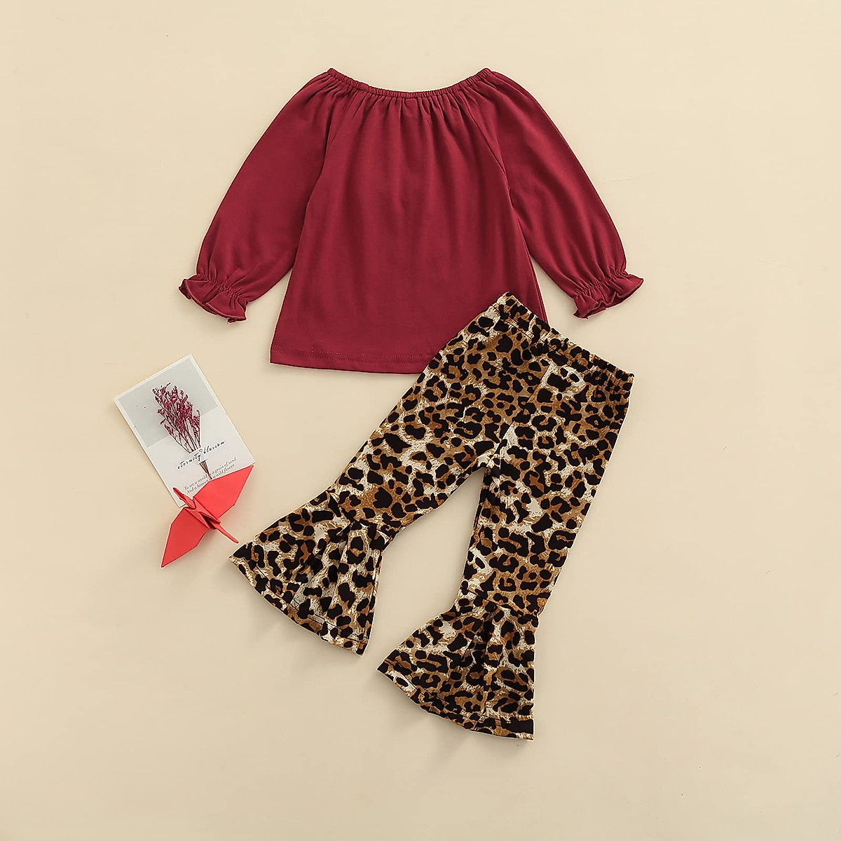 Suolongsama Valentine's Day Toddler Kids Baby Girl Clothes Love Heart Print Ruffle Long Sleeve Shirt Tops Leopard Flare Pants 1-5Y (Purplish Red, 2-3T)