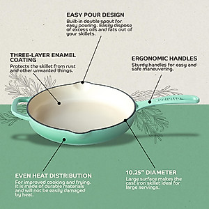 Segretto Cookware Enameled Cast Iron Skillet, 10.25-IN Verde Chiaro (Light Green) Enamel Skillet Pan, No Seasoning Required and Cast Iron Frying Pan