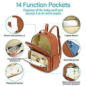 Beaulyn Leather Diaper Bag Backpack with Changing Pad - 14 Pockets Large Capacity Waterproof Baby Bag Backpack for Mom Dad, Perfect Baby Shower Gifts