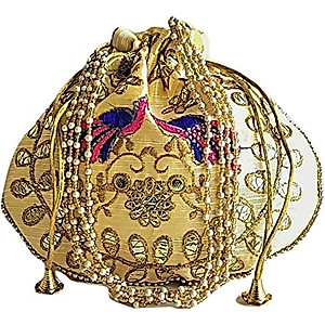 Indian Handmade Potli Bag For Women Jewelry Coin Pouch Batwa Casual Organizer Pearls Clutch With Handle Wedding & Evening Party Purse BY PANACHE MERCHANT (Beige)