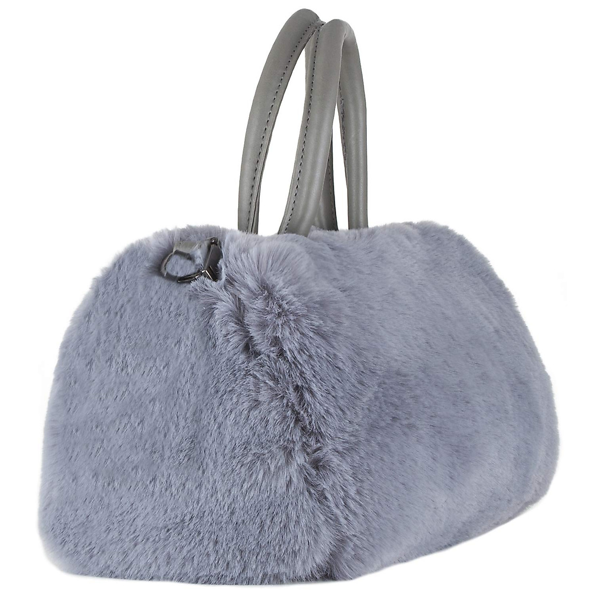 Luxe L 100% Faux Fur Bowler Bag for Women Soft Modern Top-Handle Handbag with Detachable and Adjustable Faux-Leather Strap, Grey