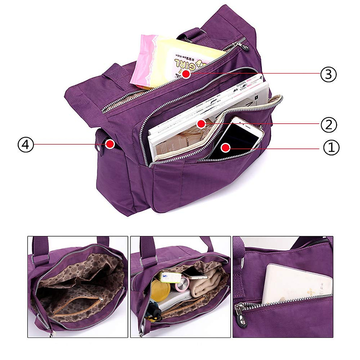 Multi Pocket Nylon Totes Handbag Large Shoulder Bag Travel Purse Bags For Women (X-Black)