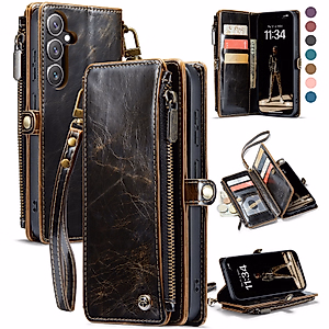 Defencase Compatible with Galaxy A54 5G Case Wallet with RFID Blocking Card Holder for Women Men, PU Leather Magnetic Snap Flip Zipper Strap Wallet Phone Case Fit for Samsung Galaxy A54 5G, Coffee