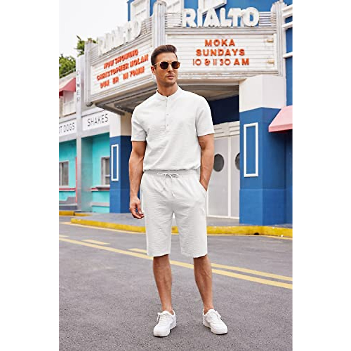 COOFANDY Men's 2 Pieces Linen Set Casual Henley Shirts Short Sleeve Beach Yoga Shorts Summer Pants Outfits