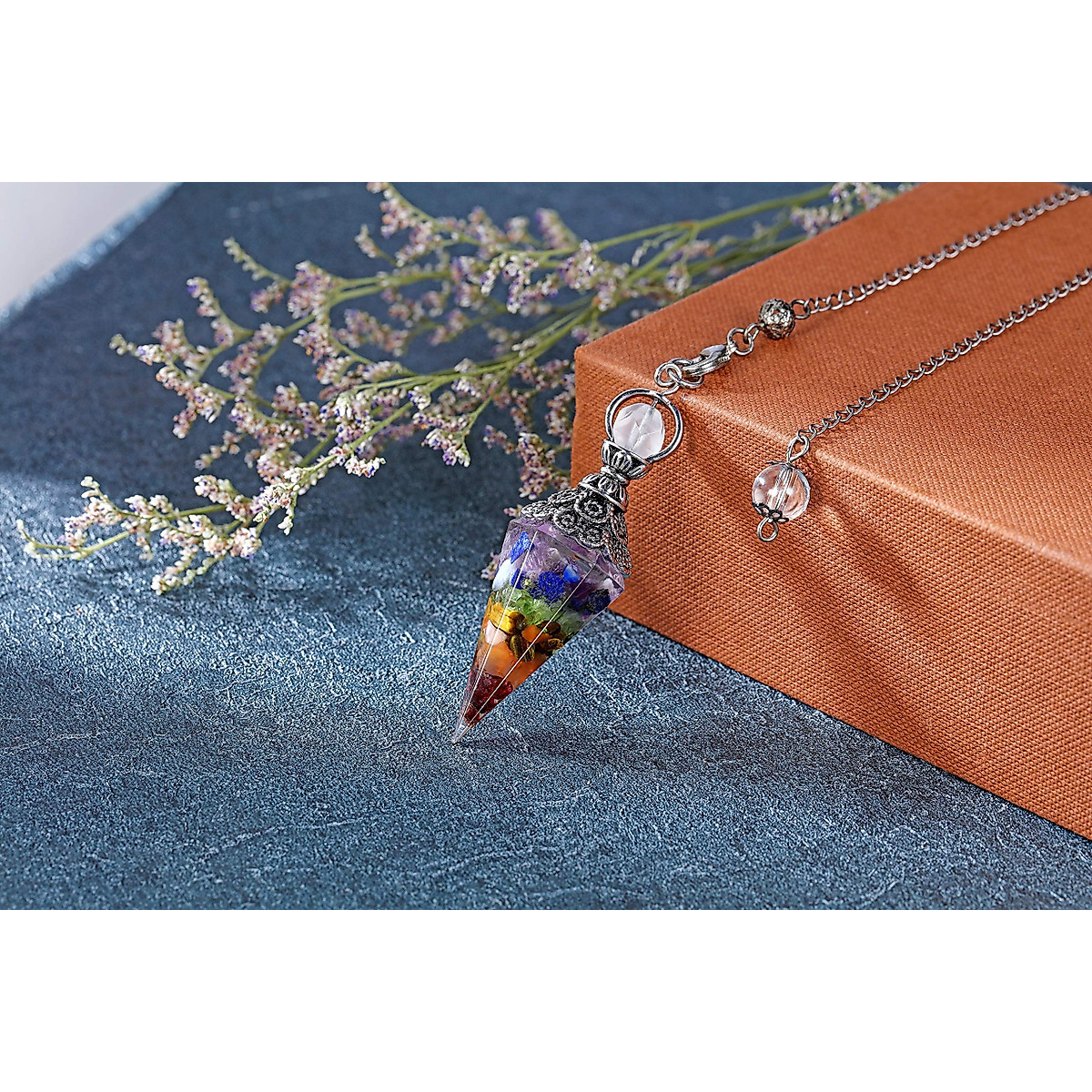 Jovivi 7 Chakra Healing Crystal Pendulums for Dowsing Divination 6 Facet Pointed Healing Wicca Dowsing Balancing Spiritual Resin Gemstone Point Pendant Pendulums