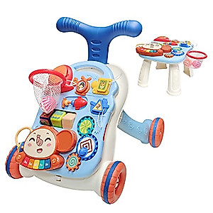 MICKYU Baby Walkers and Activity Center for Boys, Infant Crawling Toys Learning Table Musical Push Activity Walker, First Birthday Gift for Toddlers (Blue)