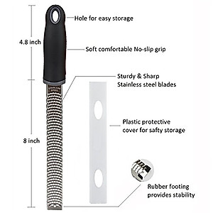 Lemon Zester, Stainless Steel Kitchen Cheese Grater, Plastic Cover Ergonomic Soft Black Handle