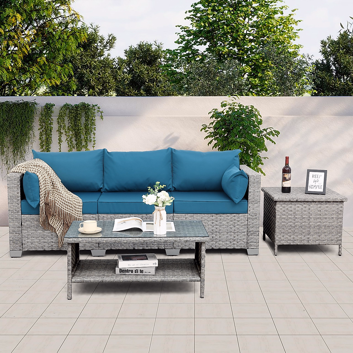 WAROOM Outdoor Couch 3 Seater Wicker Patio Sofa Grey Rattan Deep Seat Balcony Furniture Porch Seating with Peacock Blue Cushion