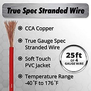 InstallGear 4 Gauge Wire (25ft) Copper Clad Aluminum CAA - Primary Automotive Wire, Car Amplifier Power & Ground Cable, Battery Cable, Car Audio Speaker Stereo, RV Trailer Wiring Welding Cable 4ga
