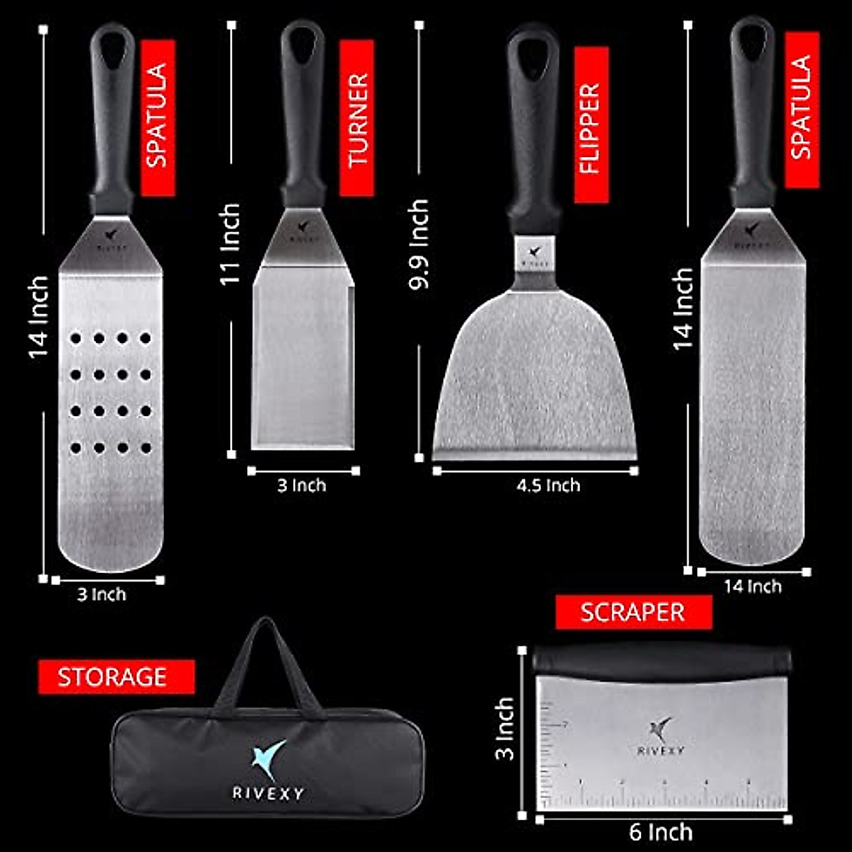 Rivexy 5 Pcs Grill Spatula for Outdoor Grill Premium Quality Metal Spatula for Cast Iron Skillet Durable Flat Top Grill Accessories Great for Outdoor BBQ Teppanyaki and Camping